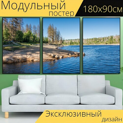 Модульный постер "Озеро, горное озеро, лес" 180 x 90 см. для интерьера