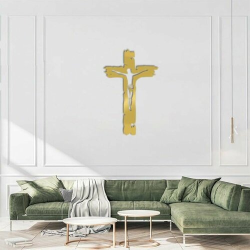 Декоративное панно деревянное, Крест с Иисусом (матовое золото)