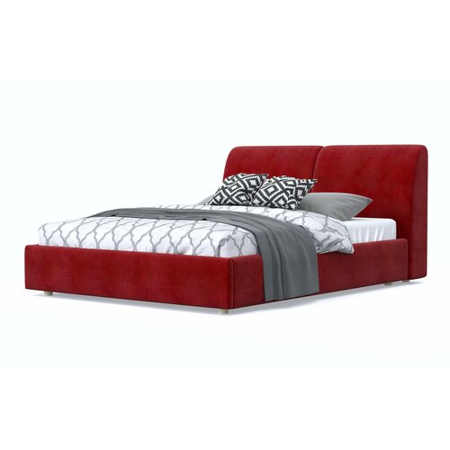 Двуспальная кровать бекка 140х200, с мягким изголовьем, красный, микрошенилл, деревянная, на ножках