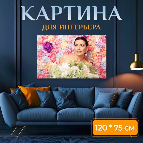 Картина на холсте "Красота, женщина, цветы" на подрамнике 120х75 см. для интерьера