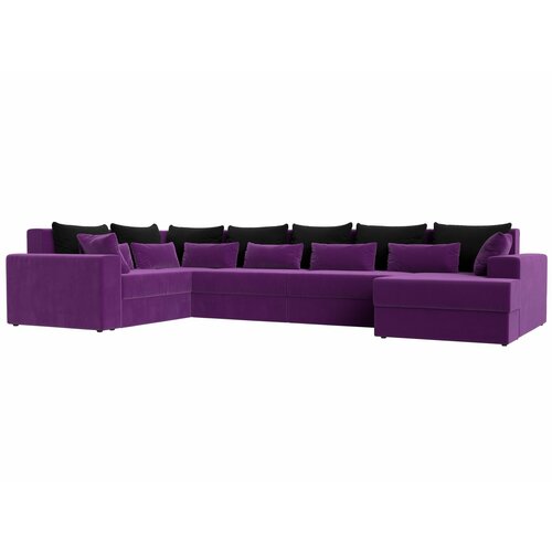 П-образный диван Майами правый угол, Микровельвет фиолетовый, подушки черн/фио/фио