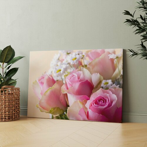 Картина на холсте "Ваза с розовыми розами и белыми цветами" 20x30 см. Интерьерная, на стену.