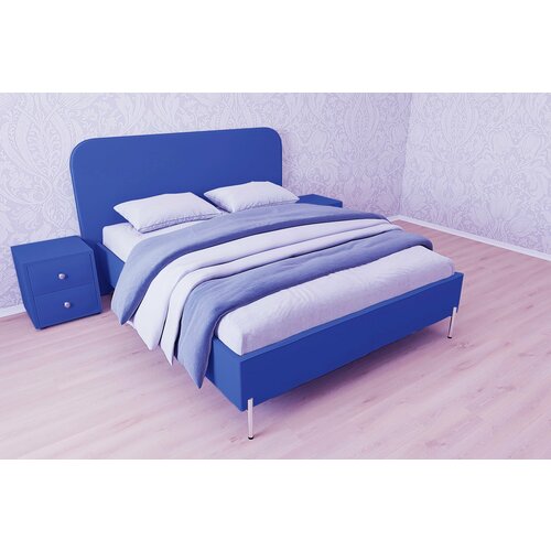 Двуспальная кровать Токио 180x200 с подъемным механизмом и с коробом для белья велюр синий ножки 13 см хром