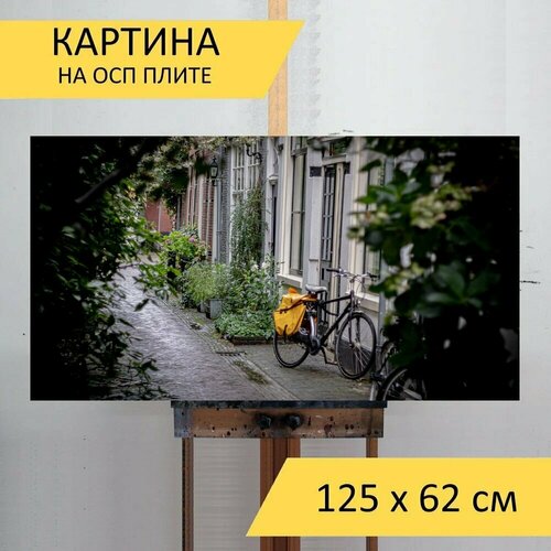 Картина на ОСП 125х62 см. "Велосипед, улица, уличная фотография" горизонтальная, для интерьера, с креплениями