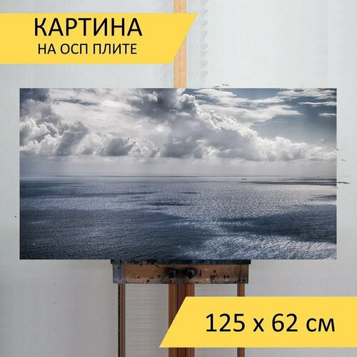 Картина на ОСП 125х62 см. "Море, облака, горизонт" горизонтальная, для интерьера, с креплениями