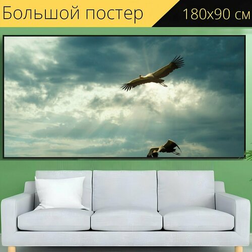 Большой постер "Краны, перелетные птицы, стая птиц" 180 x 90 см. для интерьера