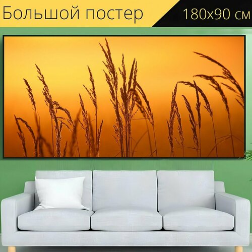 Большой постер "Камышовая трава, завод, восход солнца" 180 x 90 см. для интерьера