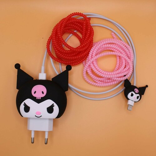 Комплект с обмоткой-спиралью для кабеля и защитный чехол для зарядки / защита кабеля от излома / Kawaii Kuromi Каваи Куроми (розовый и красный)