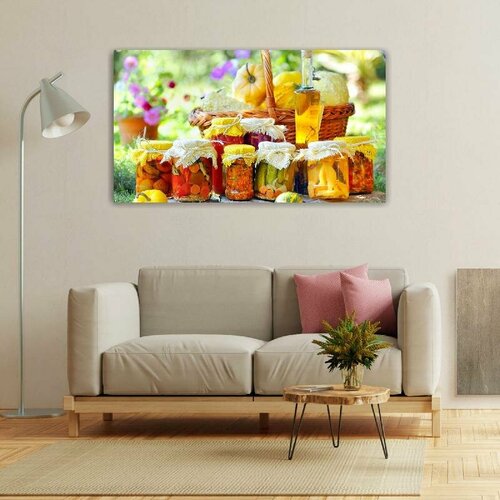 Картина на холсте 60x110 LinxOne "Цветы масло огурчики тыквы" интерьерная для дома / на стену / на кухню / с подрамником