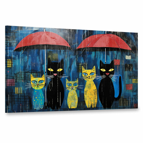 Интерьерная картина 100х60 "Синие коты в дождь"