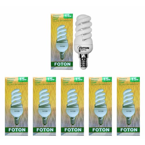 Лампа светодиодная Foton Lighting КЛЛ 15Вт Е14 ESL QL9 Компактная Люминесцентная Спираль 820Лм d48x120 6400К Холодный белый, уп. 5шт