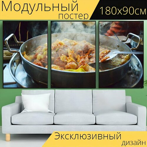Модульный постер "Приготовление пищи, корейская кухня, куриные ребрышки" 180 x 90 см. для интерьера
