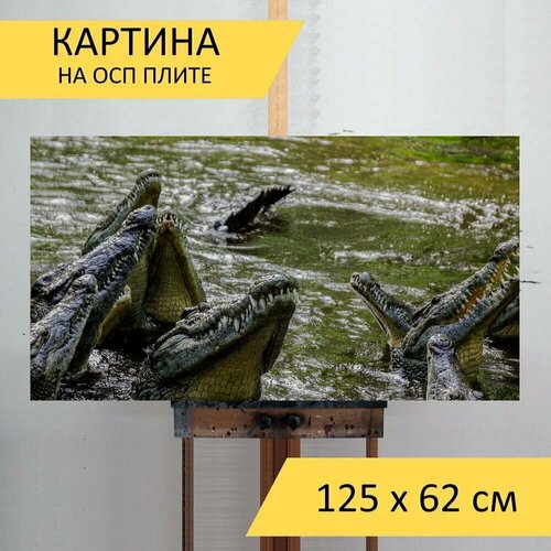 Картина на ОСП 125х62 см. "Крокодил, зубы, природа" горизонтальная, для интерьера, с креплениями