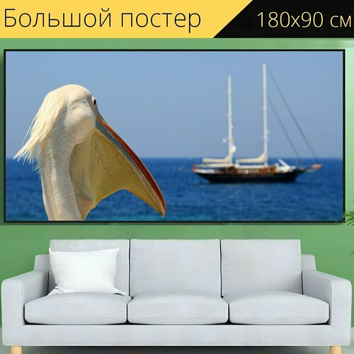 Большой постер "Пеликан, зависть, море" 180 x 90 см. для интерьера
