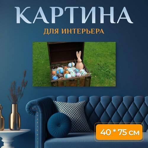 Картина на холсте "Яйца, окрашенный, кролик" на подрамнике 75х40 см. для интерьера