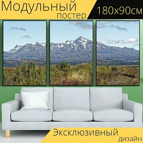 Модульный постер "Новая зеландия, национальный парк тонгариро, горы руапеху" 180 x 90 см. для интерьера