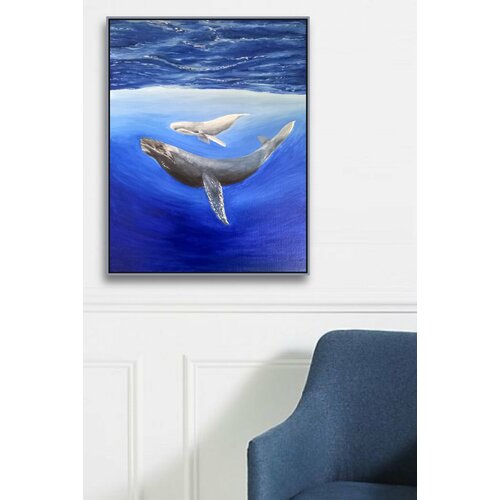 Картина интерьерная с китами. Эксклюзивная картина ручной работы. Подводный мир маслом на холсте.