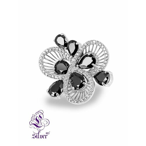 Кольцо L-Silver, серебро, 925 проба, родирование, фианит, размер 19, черный, серебряный