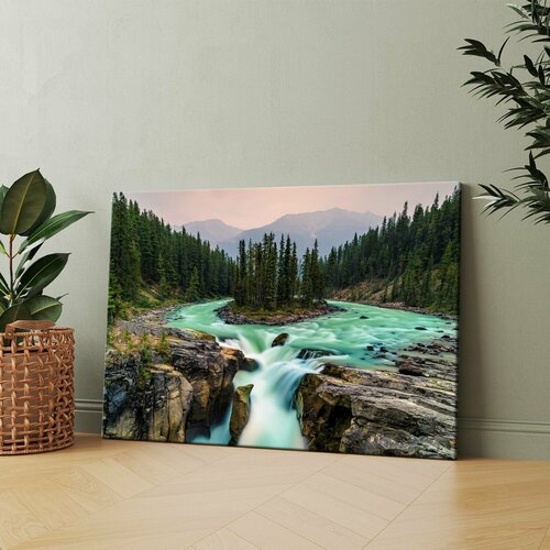 Картина на холсте (Река, текущая по скалистой горной долине) 60x80 см. Интерьерная, на стену.