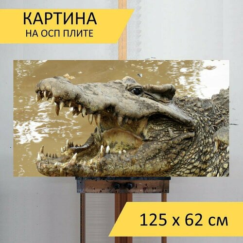 Картина на ОСП 125х62 см. "Крокодил, гад, болото" горизонтальная, для интерьера, с креплениями