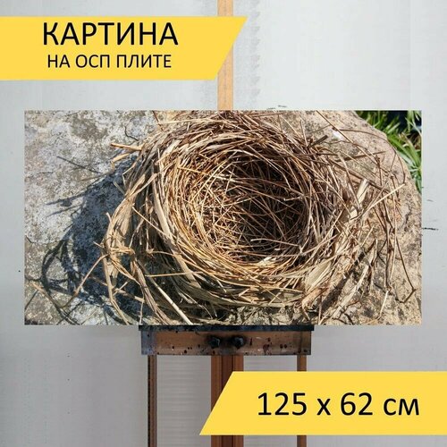 Картина на ОСП 125х62 см. "Птичье гнездо, сено, птица" горизонтальная, для интерьера, с креплениями