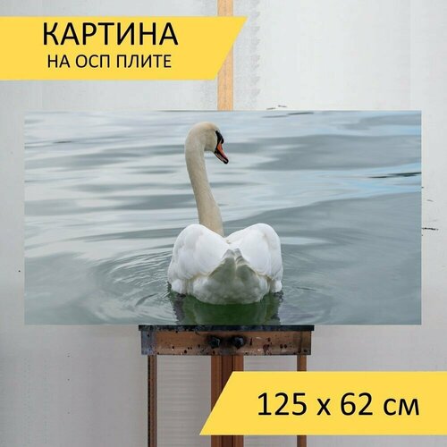 Картина на ОСП 125х62 см. "Лебедь, птица, вода" горизонтальная, для интерьера, с креплениями