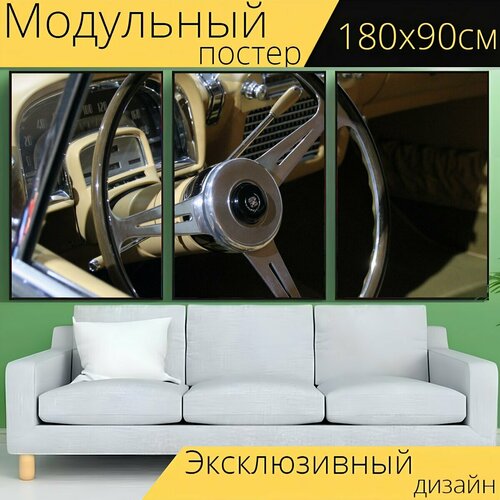 Модульный постер "Салон автомобиля, рулевое колесо, панель приборов" 180 x 90 см. для интерьера