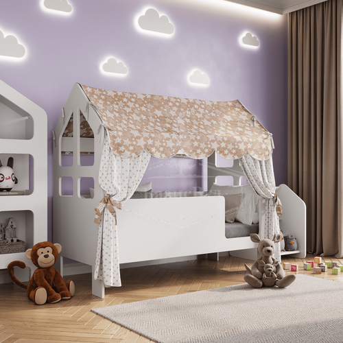 Кровать детская домик "Сладкий сон" с текстилем" (Вход справа, бежевый, со звездами)
