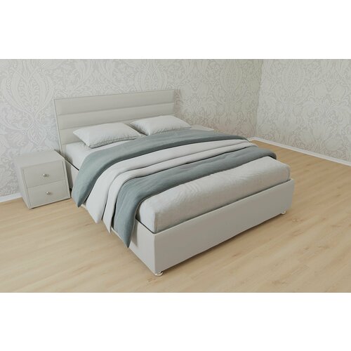 Двуспальная кровать Милан 160x200 основание металлическое с ламелями велюр бежевый ножки 13 см хром