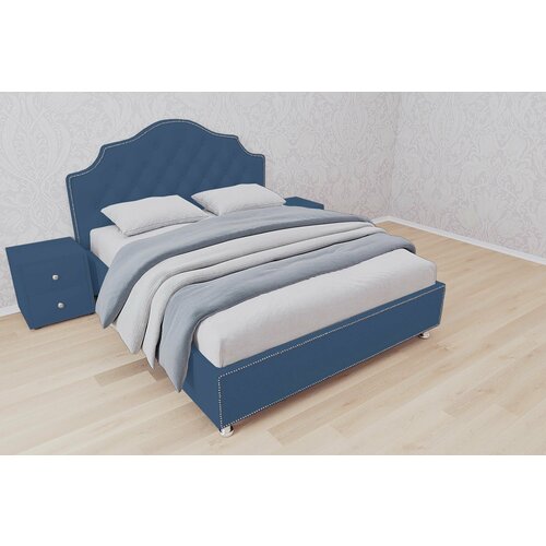 Двуспальная кровать Мария с кареткой 180x200 с подъемным механизмом и с коробом для белья велюр синий без ножек