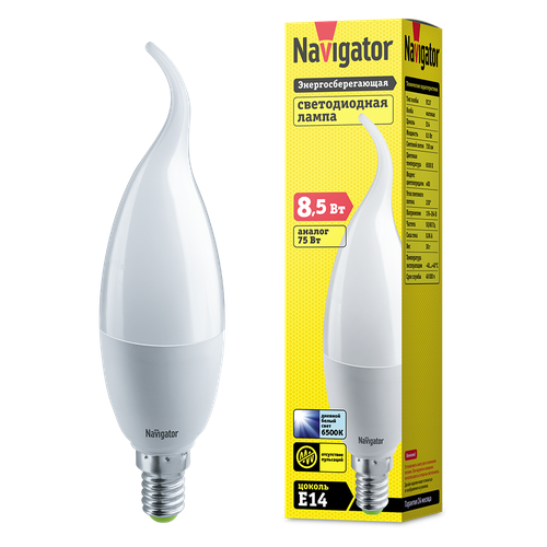 Светодиодная лампа Navigator 61 332, 8.5 Вт, свеча на ветру Е14, холодного света 6500К, 1 шт.