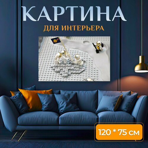 Картина на холсте "Конструктор лего, посадка на луне, космонавты" на подрамнике 120х75 см. для интерьера