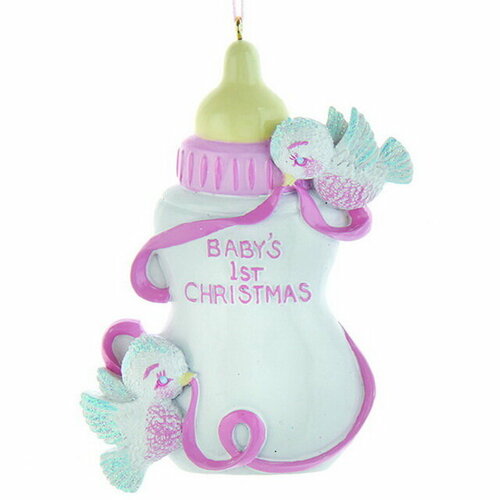 Kurts Adler Именная елочная игрушка Baby Christmas: Бутылочка 10 см розовая, подвеска A2184
