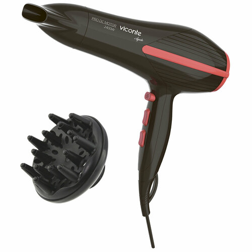 Фен для волос Viconte 2400 Вт для сушки и укладки с насадками (диффузор и концентратор) черный с красными вставками