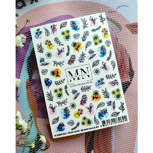 MIW Nails "Слайдеры для ногтей" водные наклейки для дизайна #W-92 цветной листья, цветы