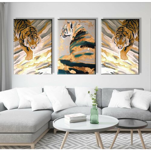 Модульная картина для интерьера из трех сегментов 60х40 см абстракция "Три тигра"
