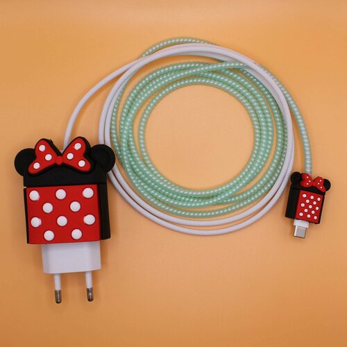 Комплект с обмоткой-спиралью для кабеля и защитный чехол для зарядки и защита кабеля от излома - Минни Маус бантик(зеленая)