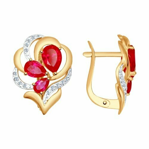 Серьги Яхонт, золото, 585 проба, фианит, корунд
