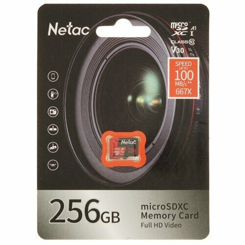Micro SecureDigital 256GB Netac P500 Extreme Pro MicroSDXC V30/A1/C10 up to 100MB/s, retail pack card only (NT02P500PRO-256G-S)