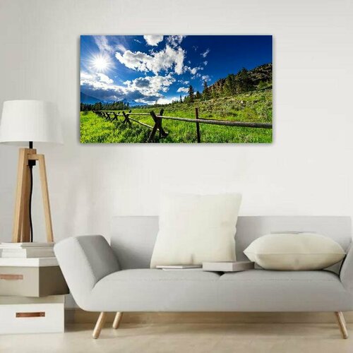 Картина на холсте 60x110 LinxOne "Небо облака горы изгородь" интерьерная для дома / на стену / на кухню / с подрамником