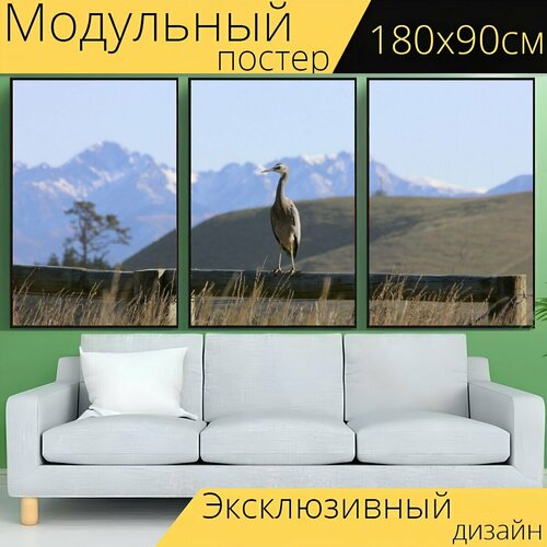 Модульный постер "Белолицая цапля, птица, горы" 180 x 90 см. для интерьера