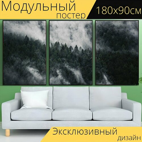 Модульный постер "Леса, туман, природы" 180 x 90 см. для интерьера