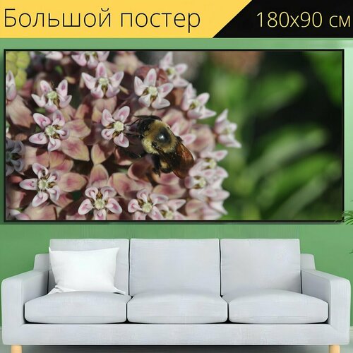 Большой постер "Пчела, цветок, фиолетовый цветок" 180 x 90 см. для интерьера