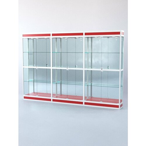 Витрина "прямоугольная" №3-3м-300-3 (задняя стенка - зеркало), Красный + Белый 300 x 30 x 200 см (ДхШхВ)