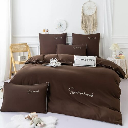 Комплект постельного белья Ситрейд однотонный сатин вышивка CH, 2-спальное с европростыней, шоколадный/коричневый