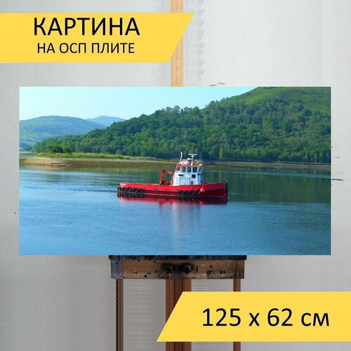 Картина на ОСП 125х62 см. "Транспорт, лодка, озеро" горизонтальная, для интерьера, с креплениями