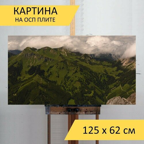 Картина на ОСП 125х62 см. "Горы, панорама, альпы" горизонтальная, для интерьера, с креплениями