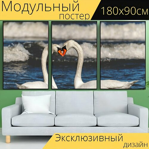 Модульный постер "Море, лебеди, лебедь" 180 x 90 см. для интерьера