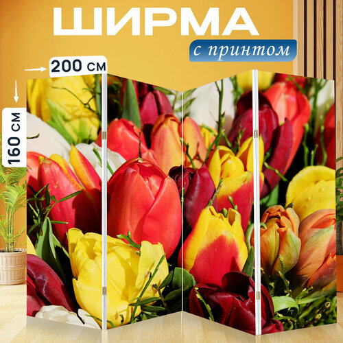 Ширма перегородка с принтом "Букет цветов, букет тюльпанов, цветок" на холсте - 200x160 см. для зонирования, раскладная