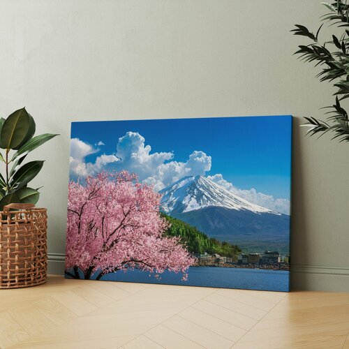 Картина на холсте "Розовое дерево на фоне горы" 20x30 см. Интерьерная, на стену.
